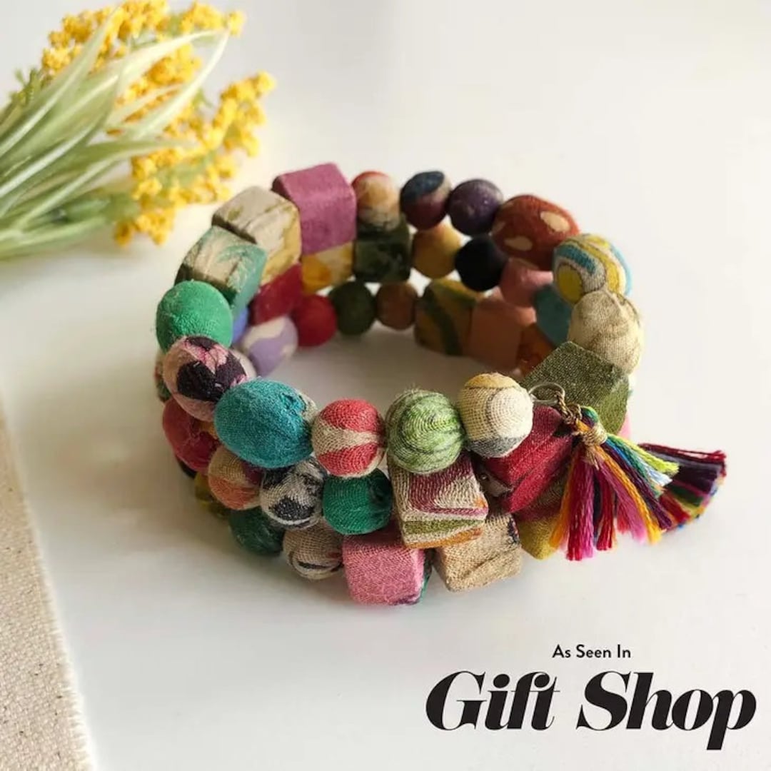 Fair Trade Bracelet, Repurposed Textile Bracelet, Kantha Spiral Shapes ...