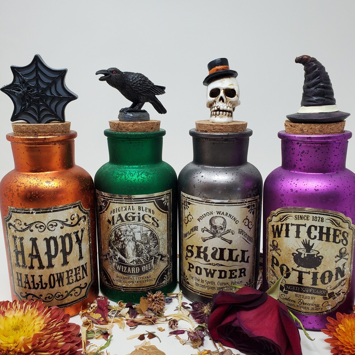 Silver Skull Powder Glass Bottle With Skull Topper Décor, Fun Halloween ...