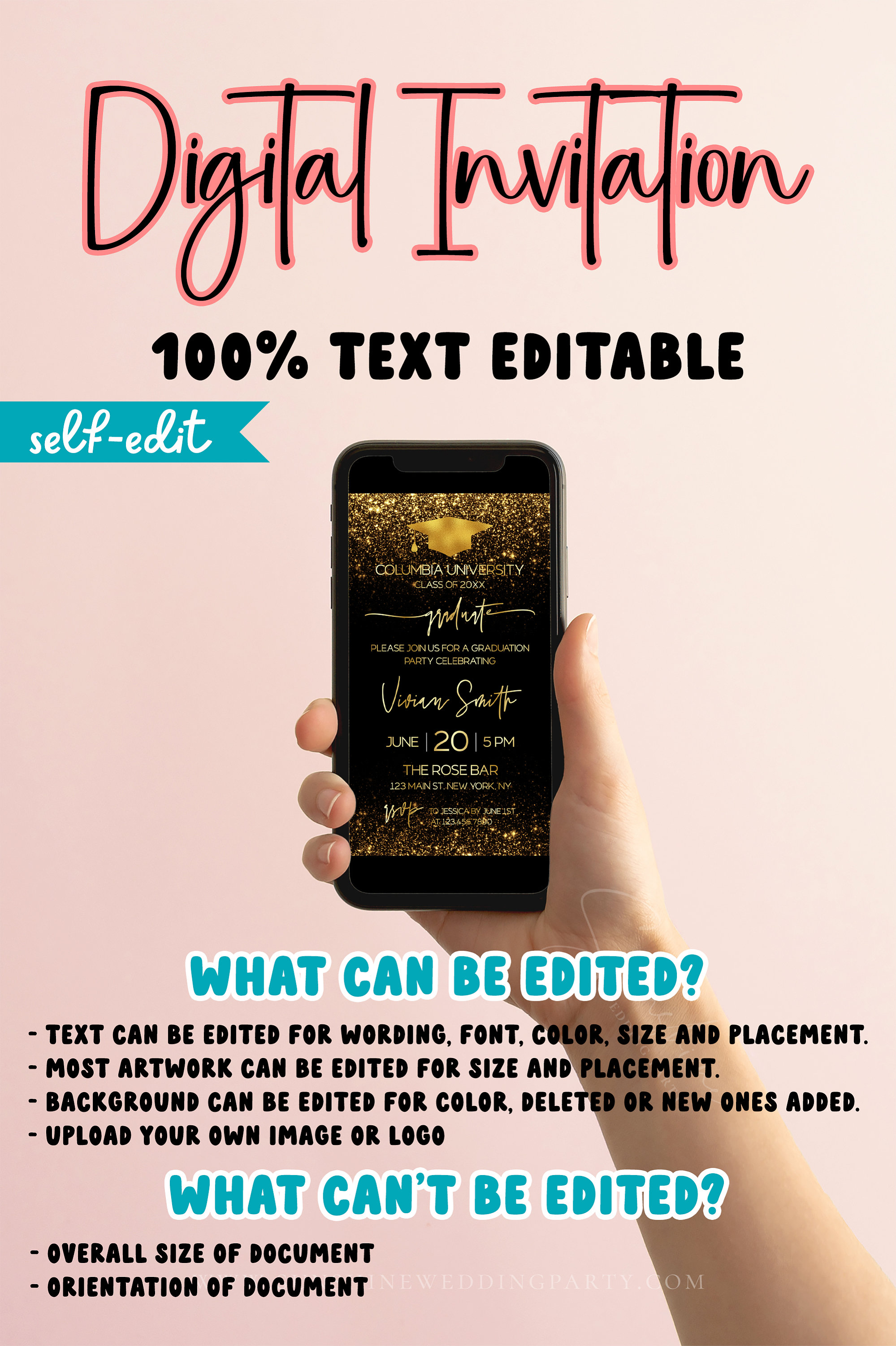 Editable Digital Graduation Party Invitation Template, Black Gold ...