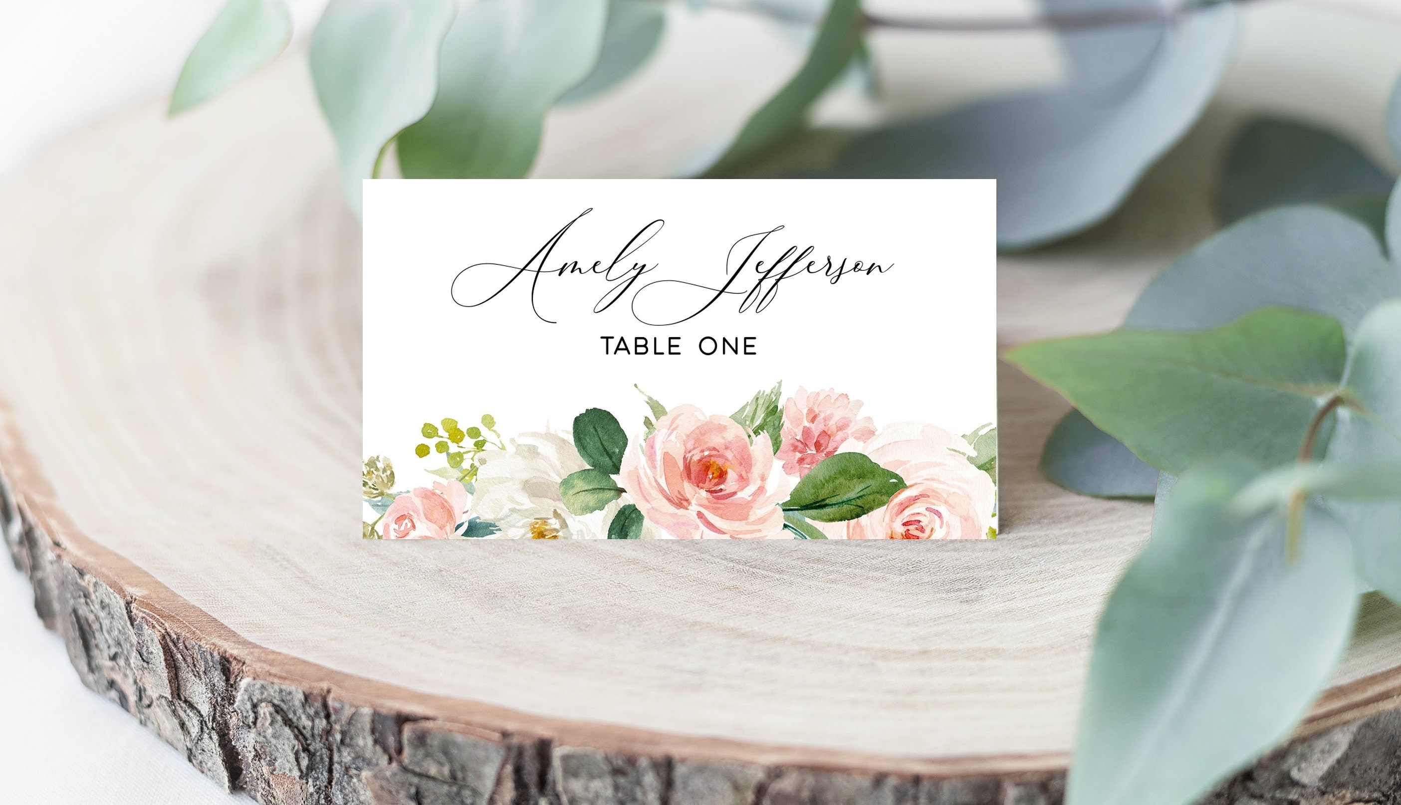Pink Floral and Rustic Place Cards 100% Editable Printable | Etsy