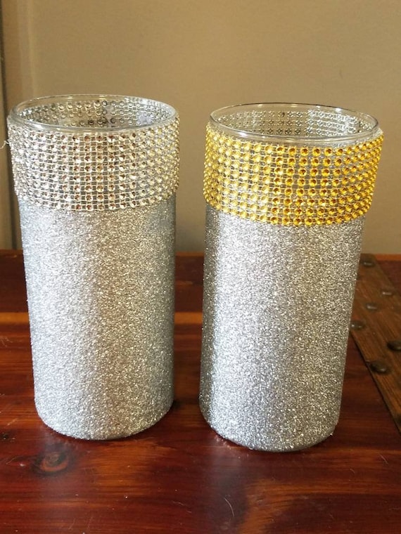 Hand painted glitter vase with rhinestone trim | Etsy