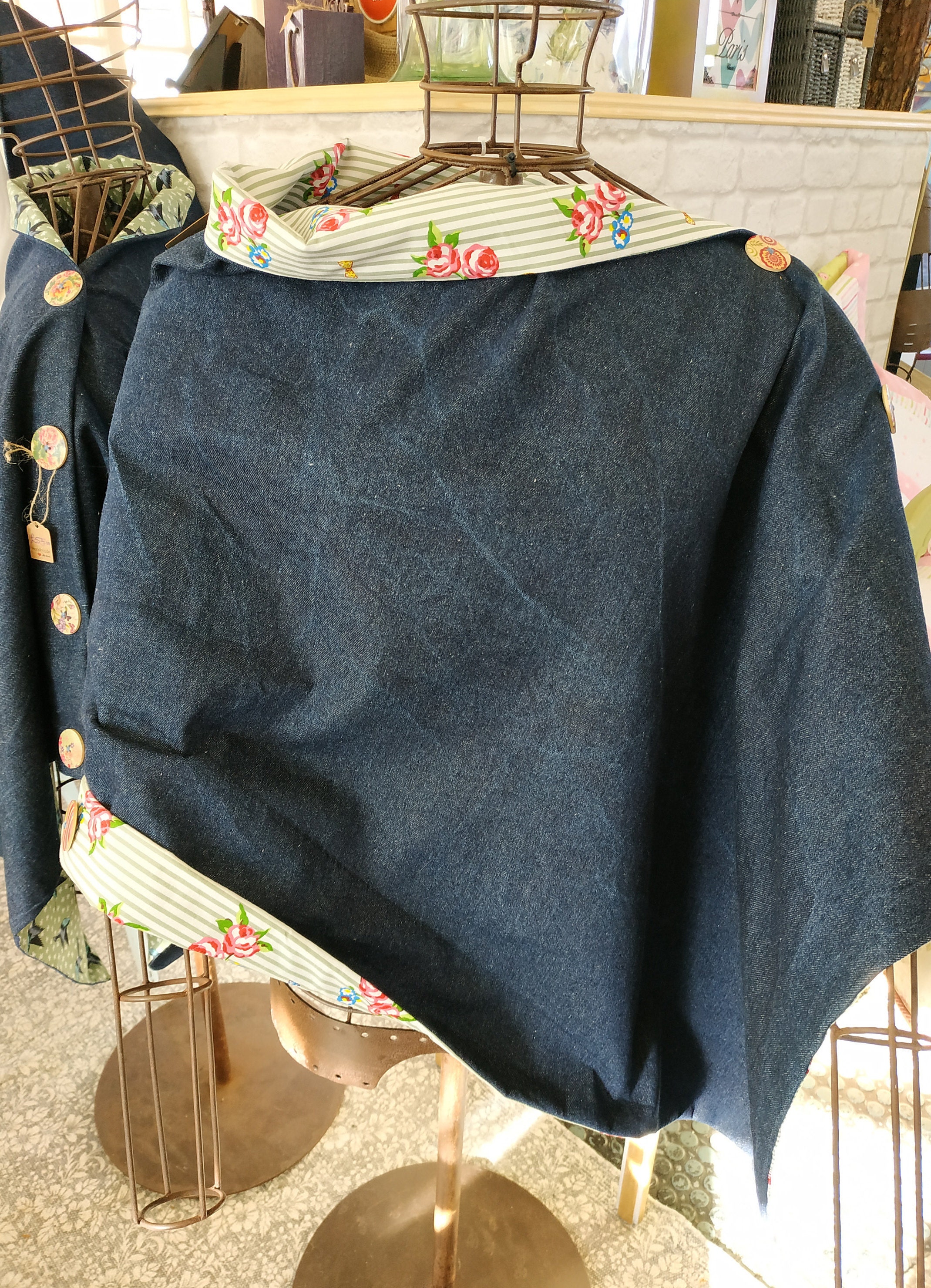 Indigo Denim Poncho With Contrasting Patterned Fabric - Etsy UK