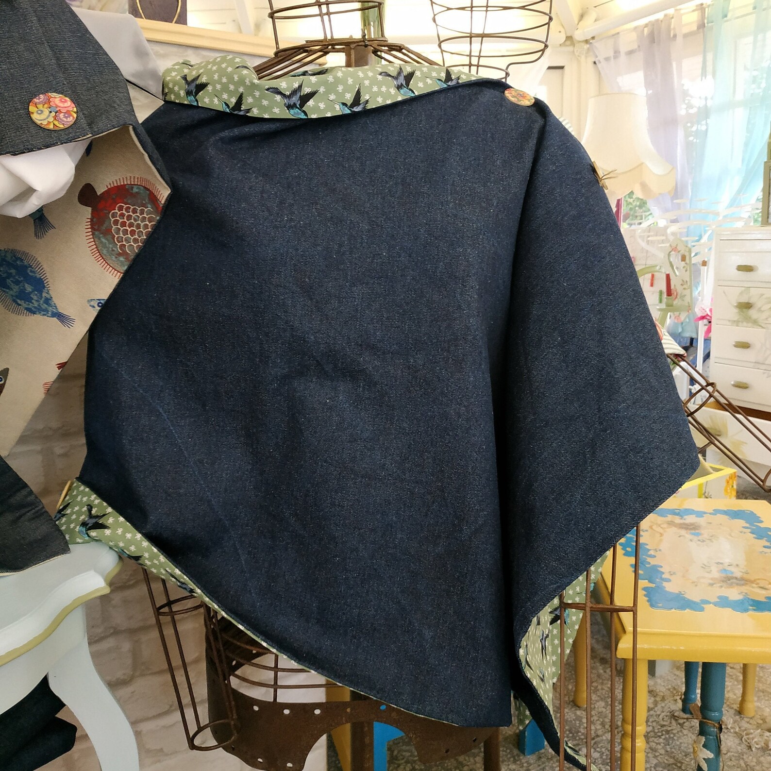 Indigo Denim Poncho With Contrasting Patterned Fabric - Etsy UK