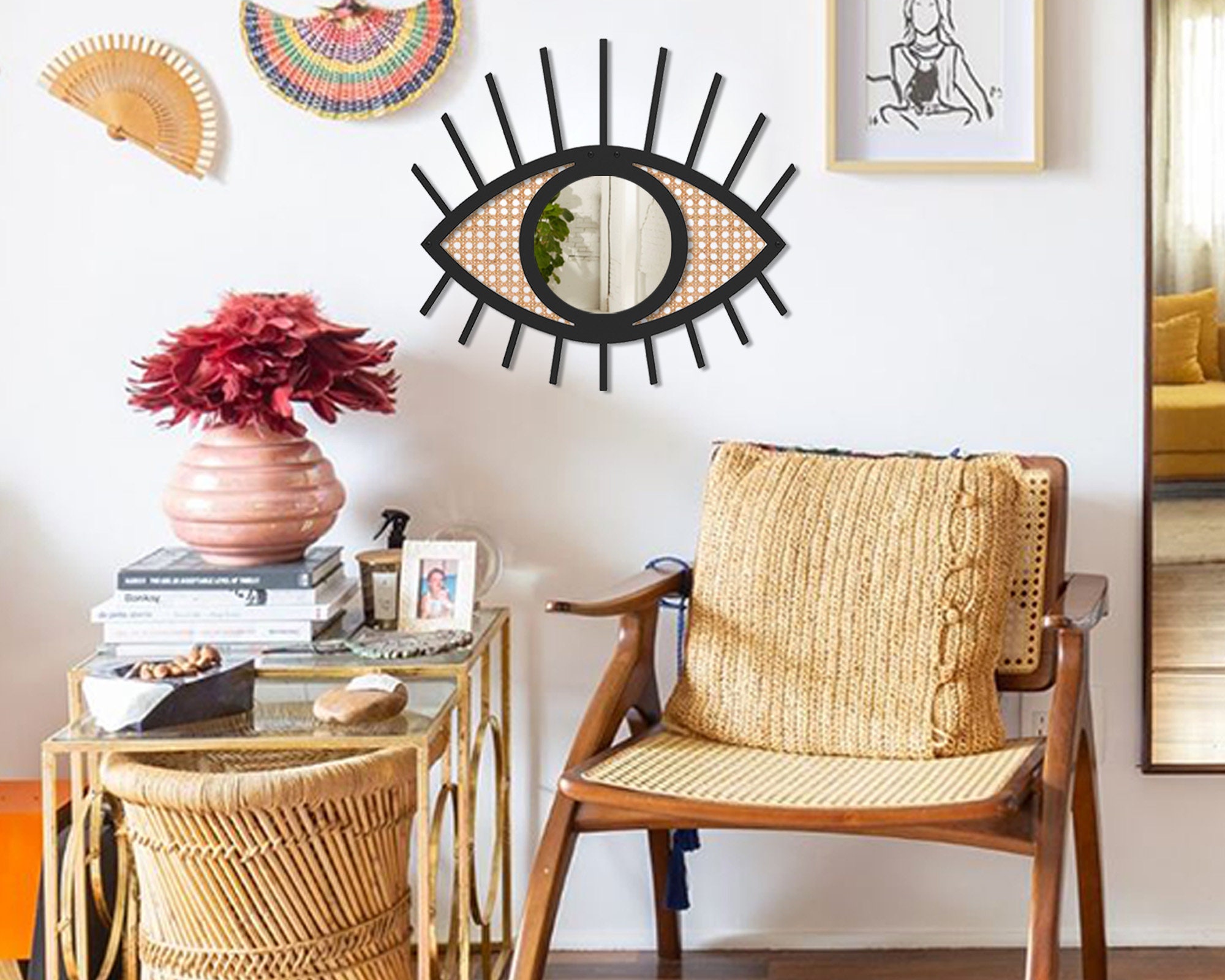 Metal Eye Mirror Wall Decor Rattan Eye Mirror Mirror Wall | Etsy