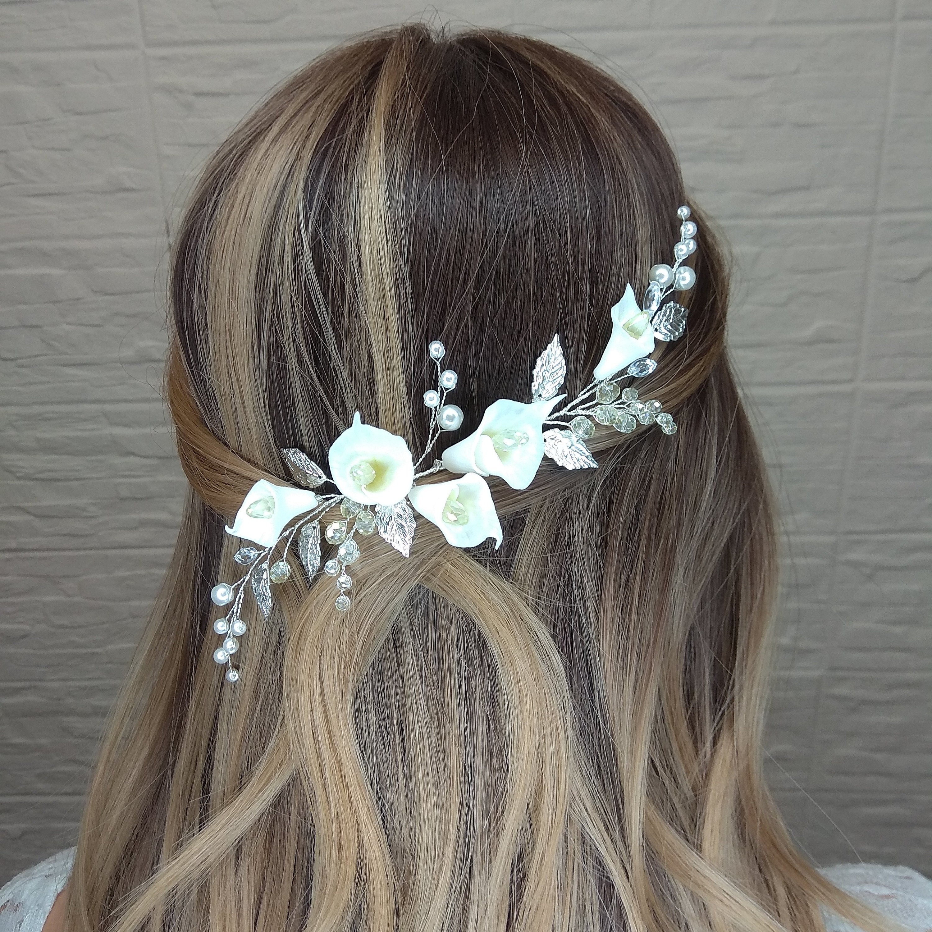 Calla Lily Bridal Hair Vine, Crystal Pearl Wedding Headpiece - Etsy