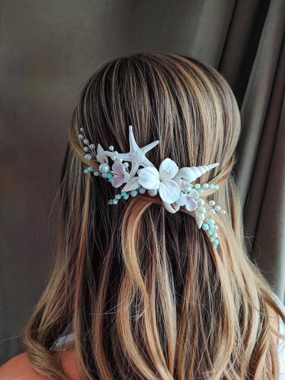 Beach Hair Comb, Seashell Headpiece, Clay Starfish Hair Comb, Shells ...