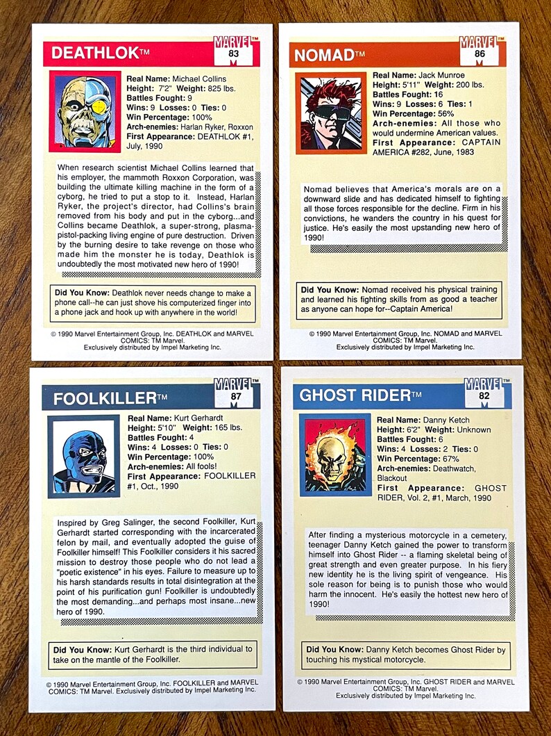 1990 Deathlok, Ghost Rider, Nomad & Foolkiller Rc’s, Marvel Impel ...