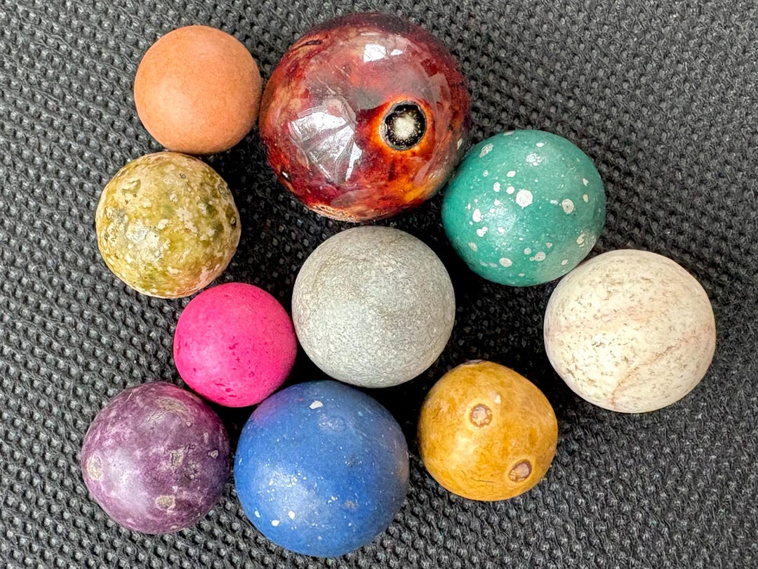 Late 1800s-early 1900s Clay Marble Lot (10), Large Bennington, 2 Stone and Painted Clays Lot W ...