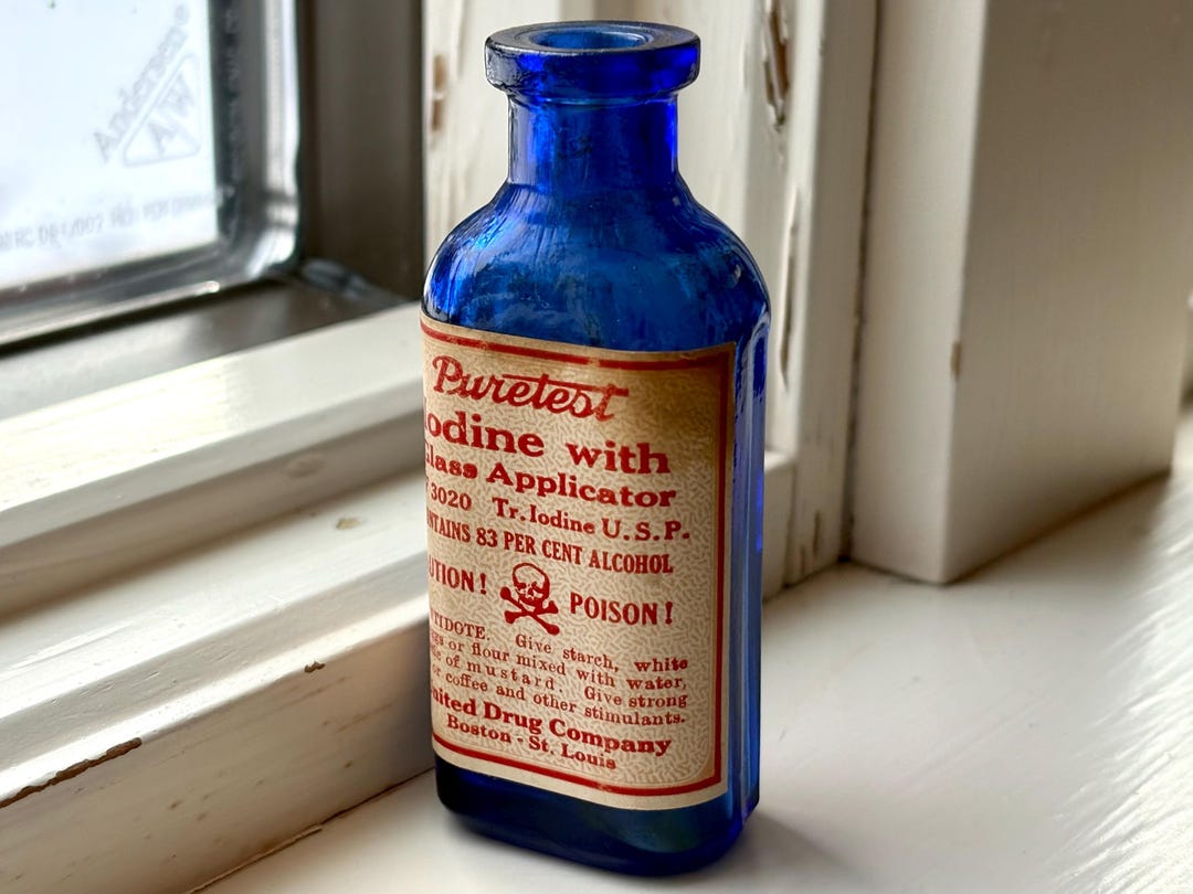 Antique Cobalt Glass Poison Cork Top Bottle With Label, No Chips or ...
