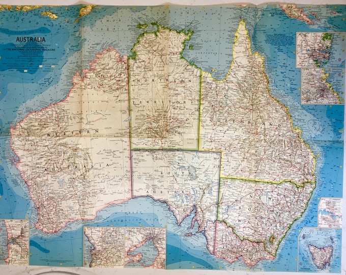 1963 Australia Wall Art, Vintage Map, National Geographic Original ...