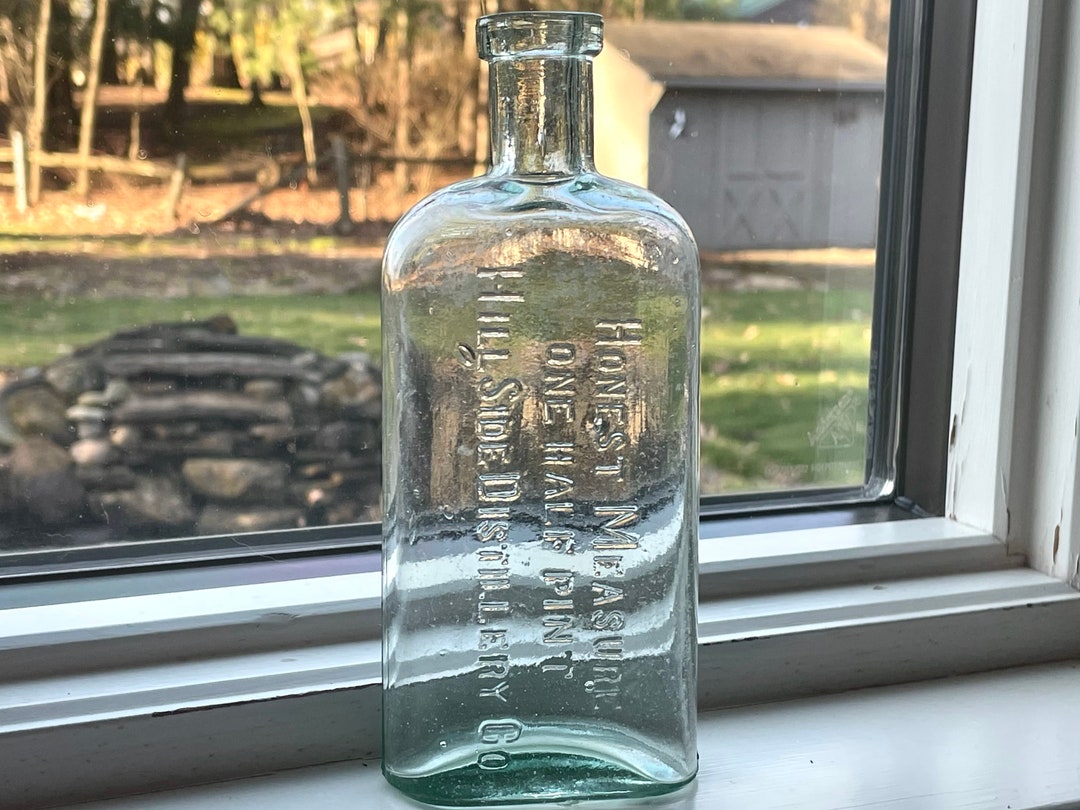 1800s Honest Measure Half Pint Flask, Green Glass Embossed Hill Side ...