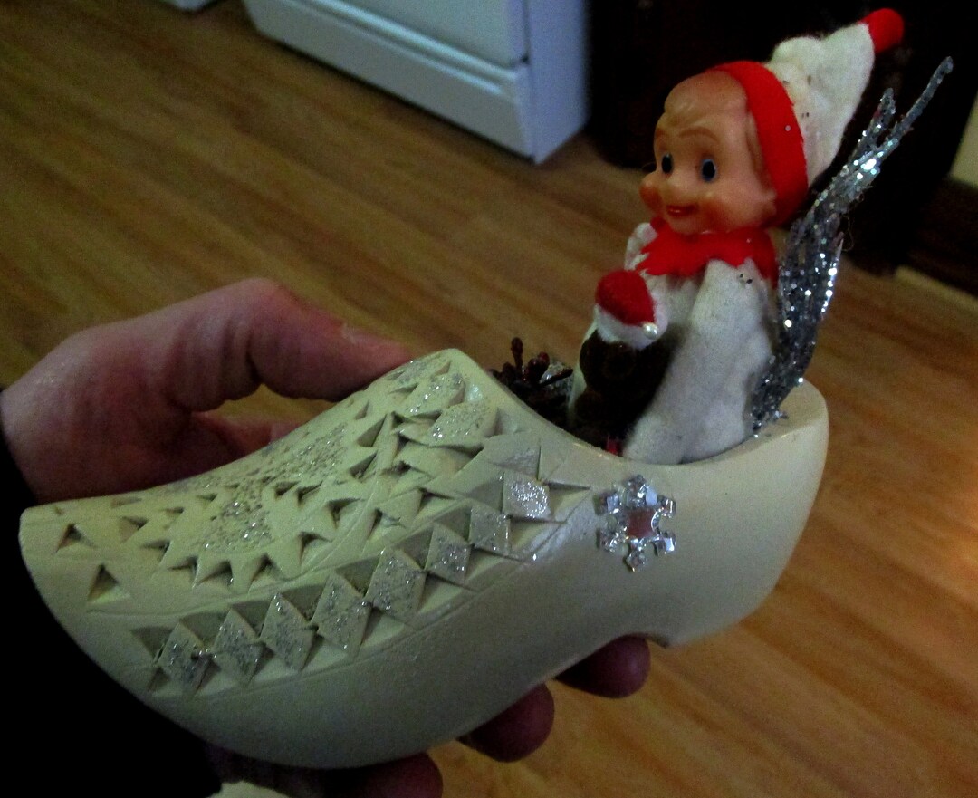Vintage Elf, Elf in Shoe, Wooden Shoes, Dutch Shoes, Vintage Christmas ...