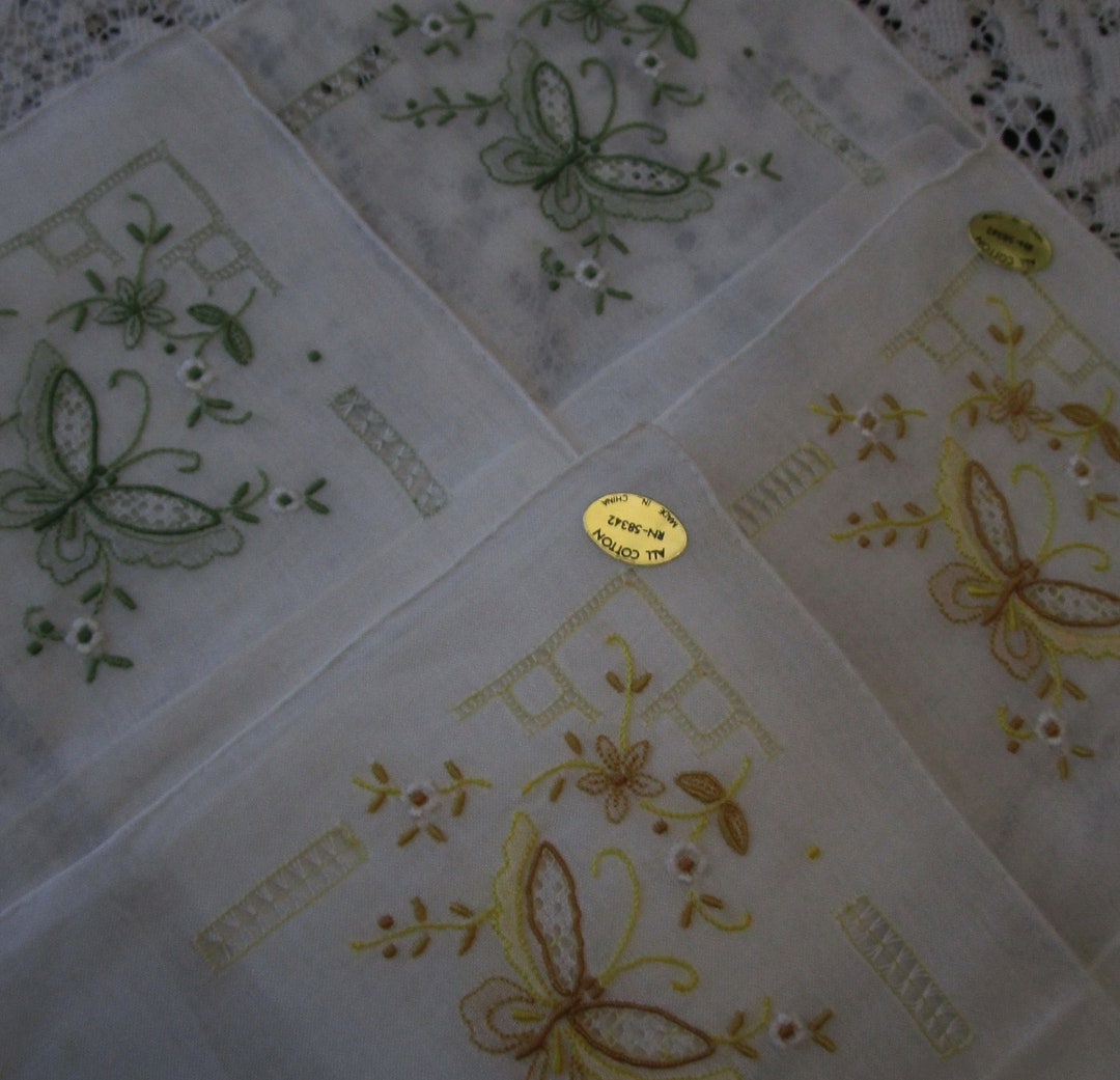 4, Embroidered Hankies, Butterfly Hankies, Floral Hankies, Vintage ...
