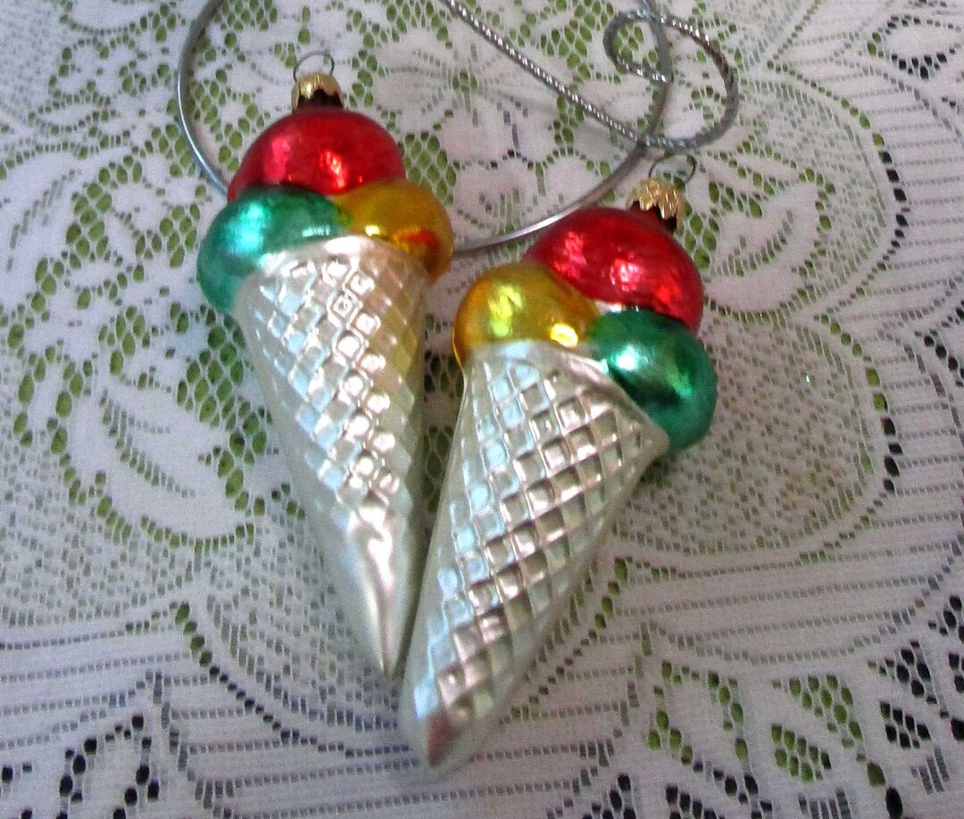 2, West German, Ice Cream Cone, Christmas Ornaments, Blown Glass, Ice ...