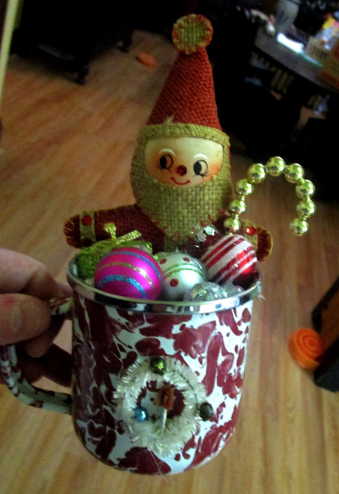 Vintage Elf, Elf in a Cup, Spatterware, Tin Cup, Vintage Christmas ...