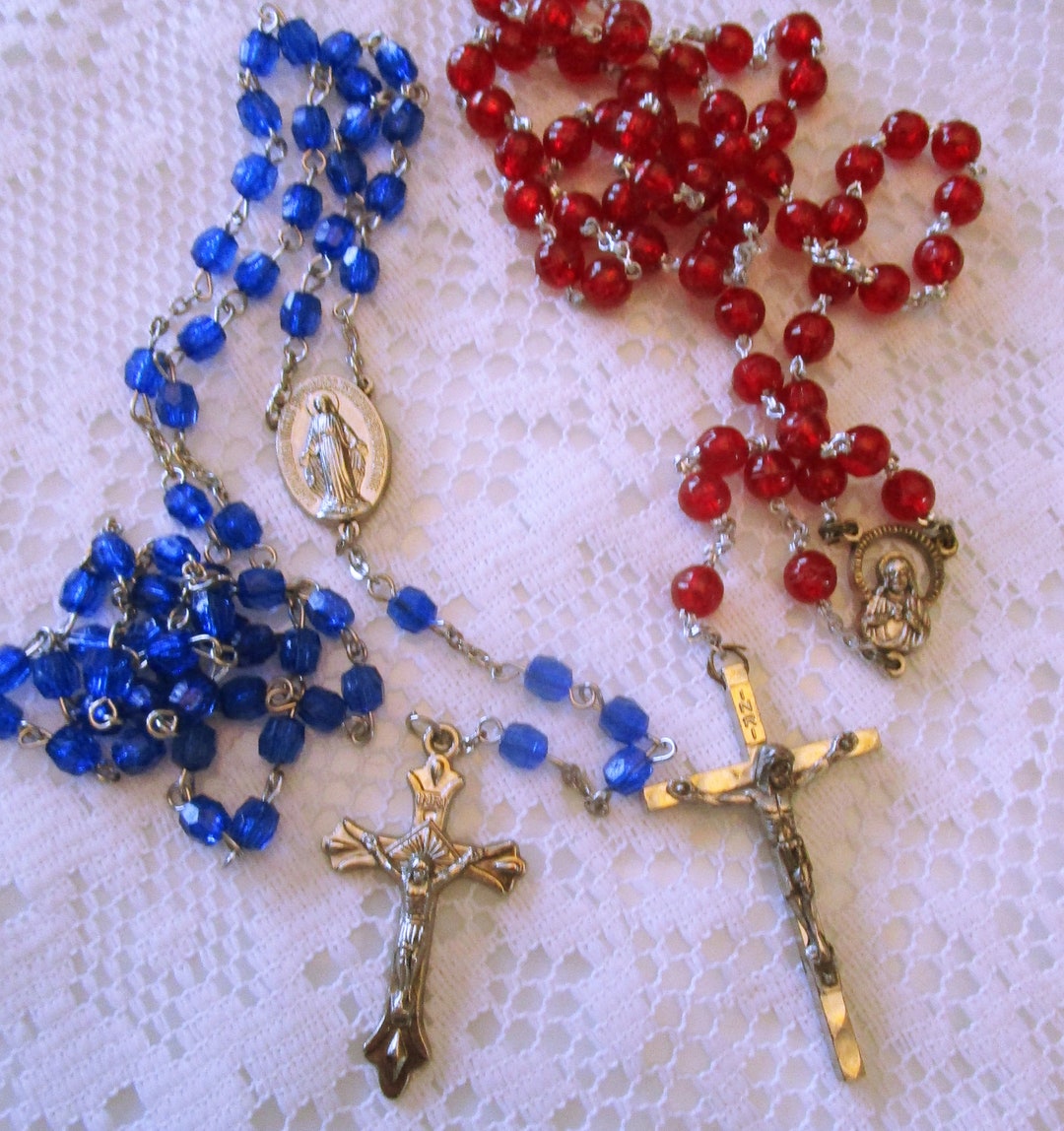 2, Vintage Rosaries, Virgin Mary, Red Rosary, Blue Rosary, Prayer Beads ...