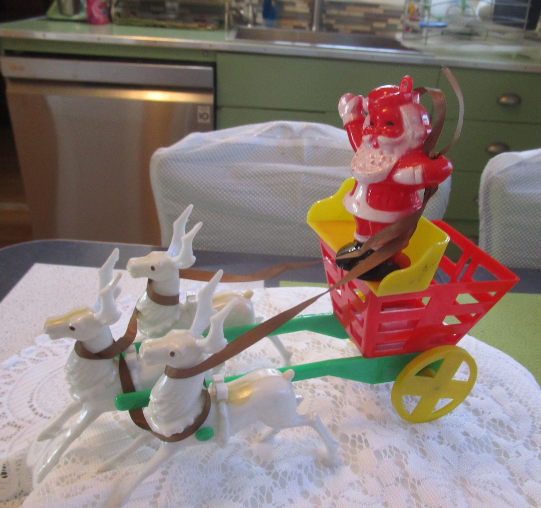 Vintage Christmas, Plastic Santa, Plastic Reindeer, Santa Cart ...