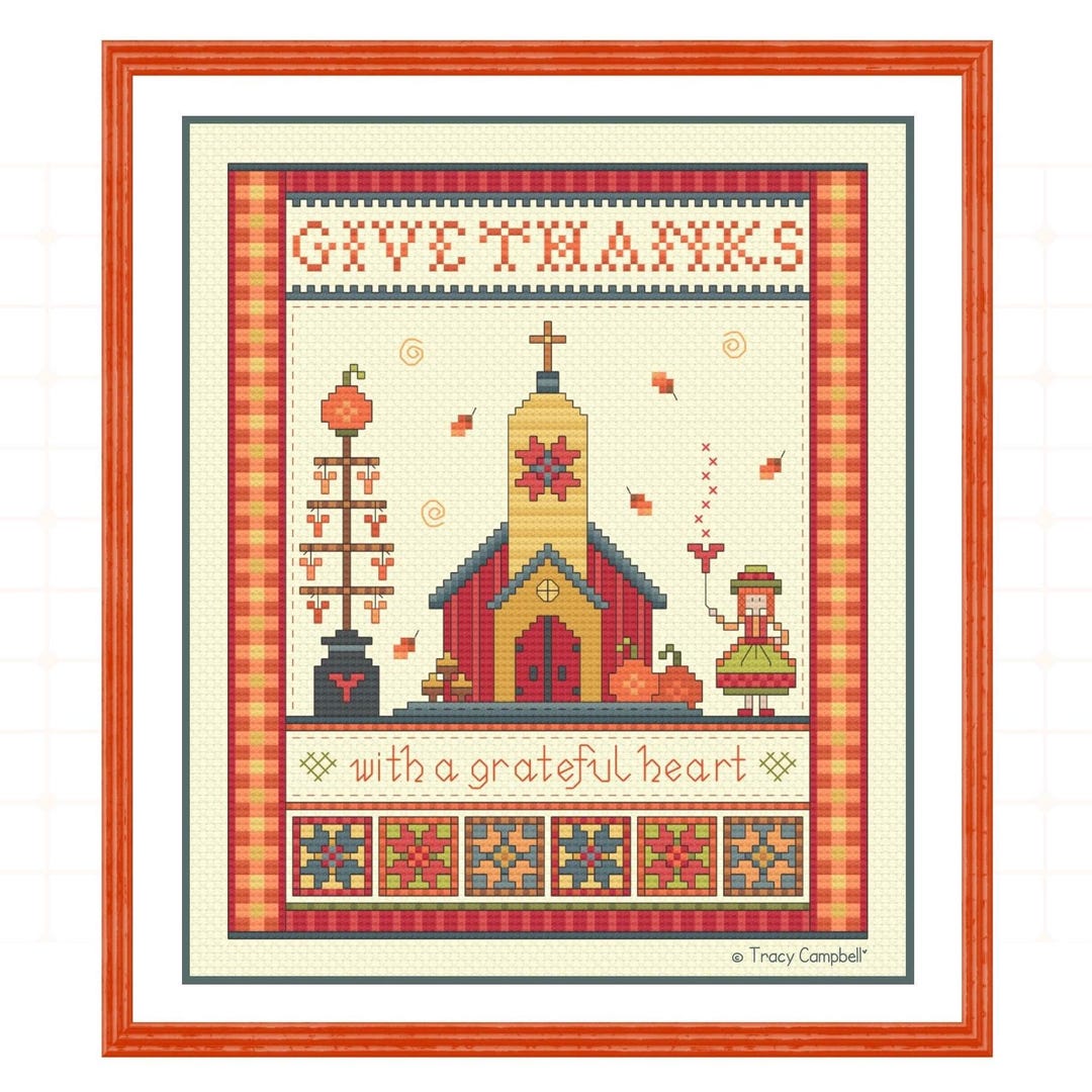 Give Thanks Cross Stitch Pattern: Country Church, Pumpkin Tree (PDF ...