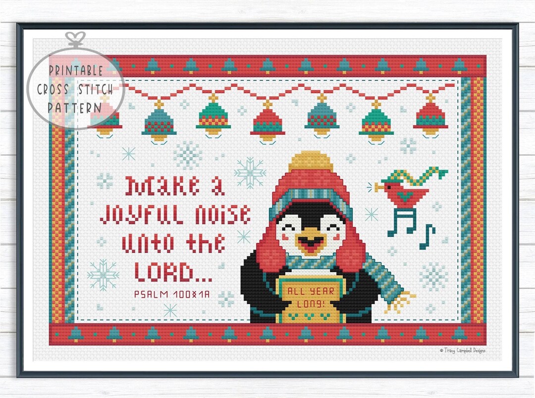 Make a Joyful Noise Counted Cross Stitch Pattern, Christian Penguin ...