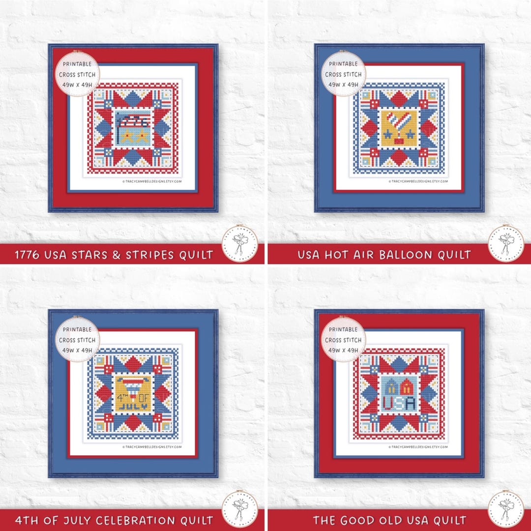 Set of 4 USA Square Block Quilt 4th of July Cross Stitch Pattern, 1776 ...