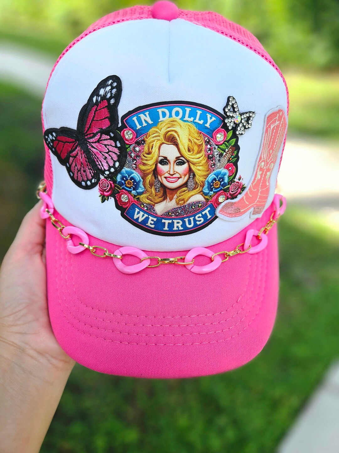 Dolly Parton Trucker Hat, in Dolly We Trust, Hat Chain, Trendy Iron on Patch Hat, PINK Hat ...