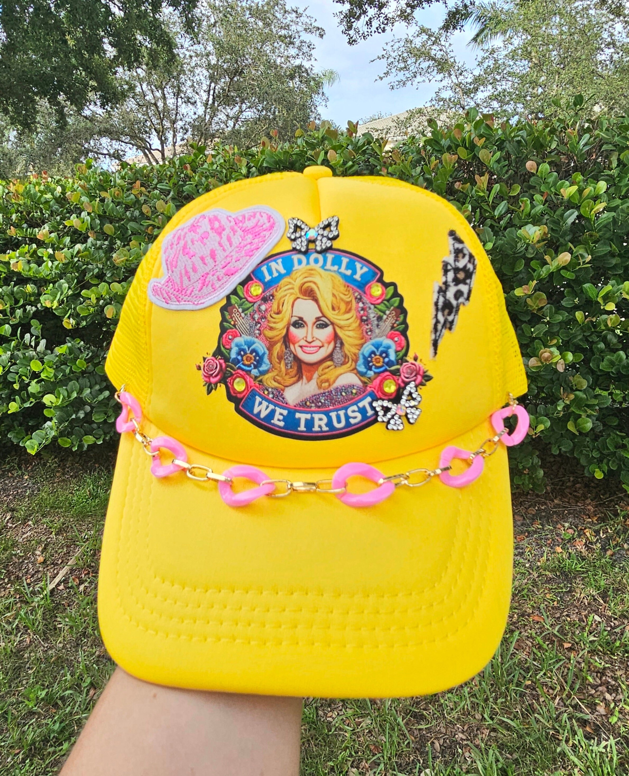 Dolly Parton Trucker Hat, in Dolly We Trust, Hat Chain, Trendy Iron on Patch Hat, YELLOW Hat ...