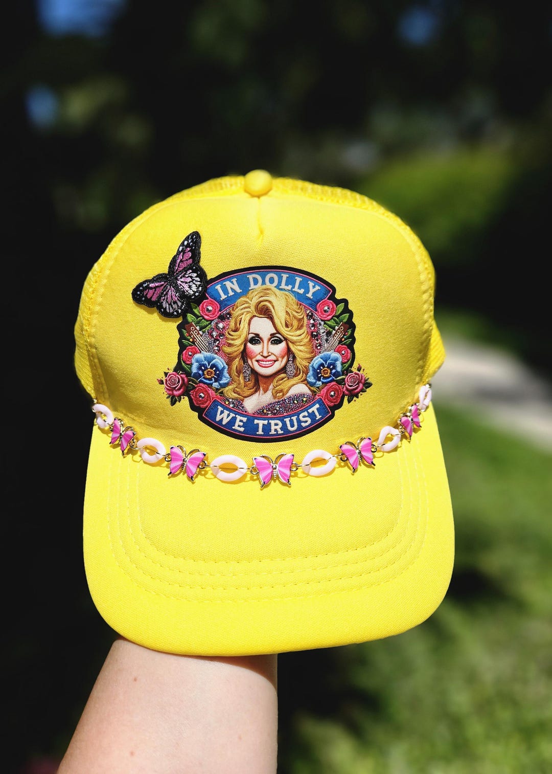 Dolly Parton Trucker Hat, in Dolly We Trust, Hat Chain, Trendy Iron on Patch Hat, YELLOW Hat ...