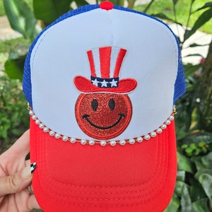 Uncle Sam Trucker Hat, Glitter Smiley Face Iron on Patch, RED White and BLUE, Pearl Hat Chain ...