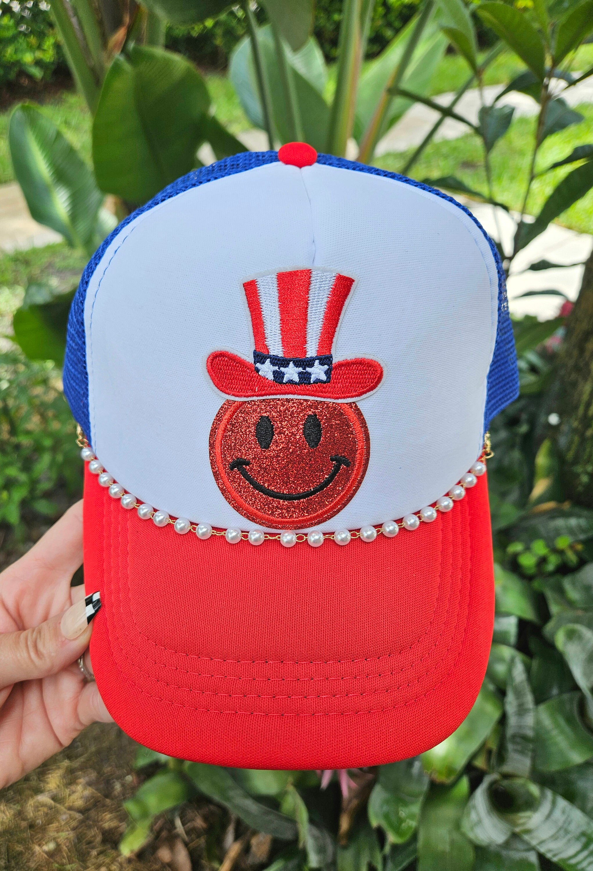 Uncle Sam Trucker Hat, Glitter Smiley Face Iron on Patch, RED White and ...
