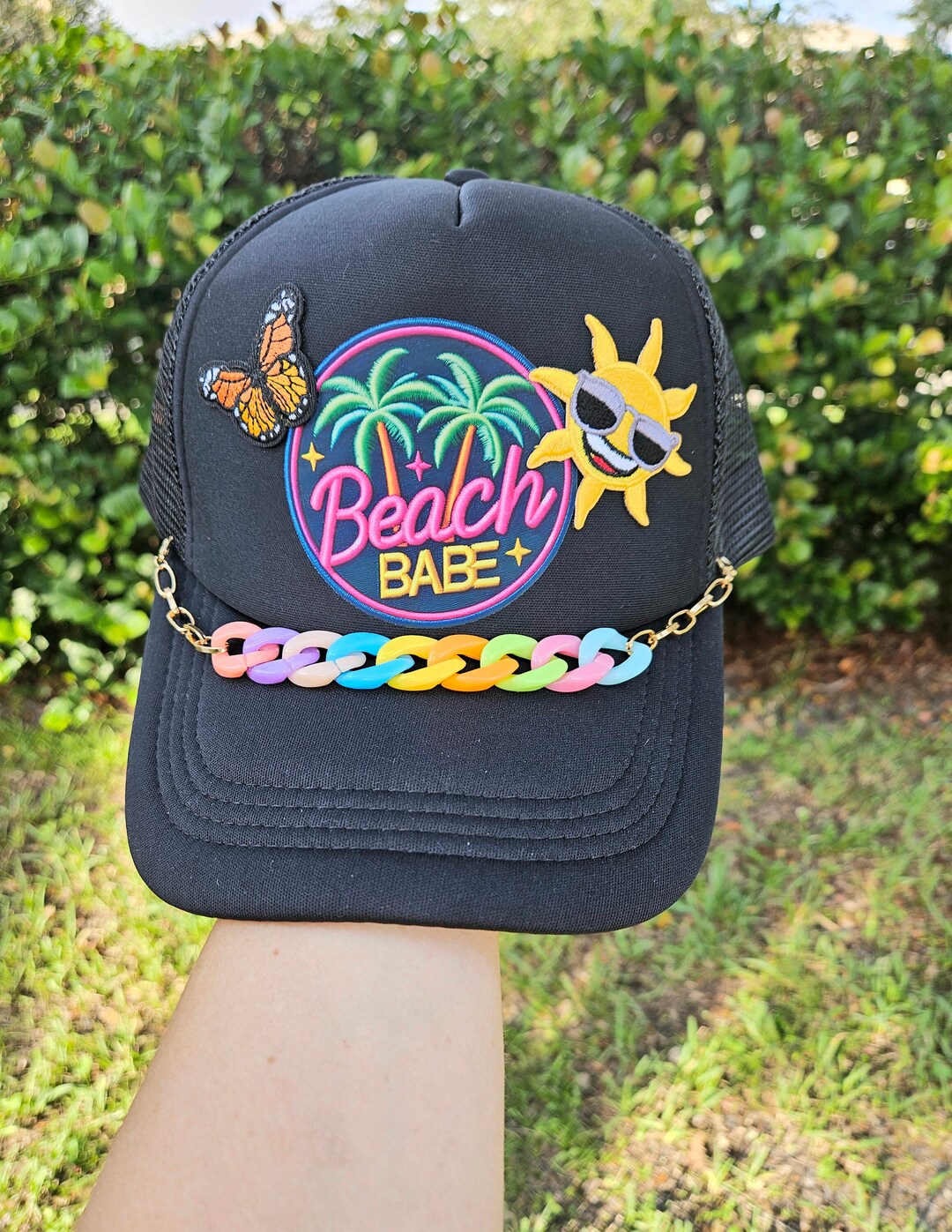 Beach Babe Hat, Summer Trucker Hat, Iron on Patch, Hat Chain, Smiley ...