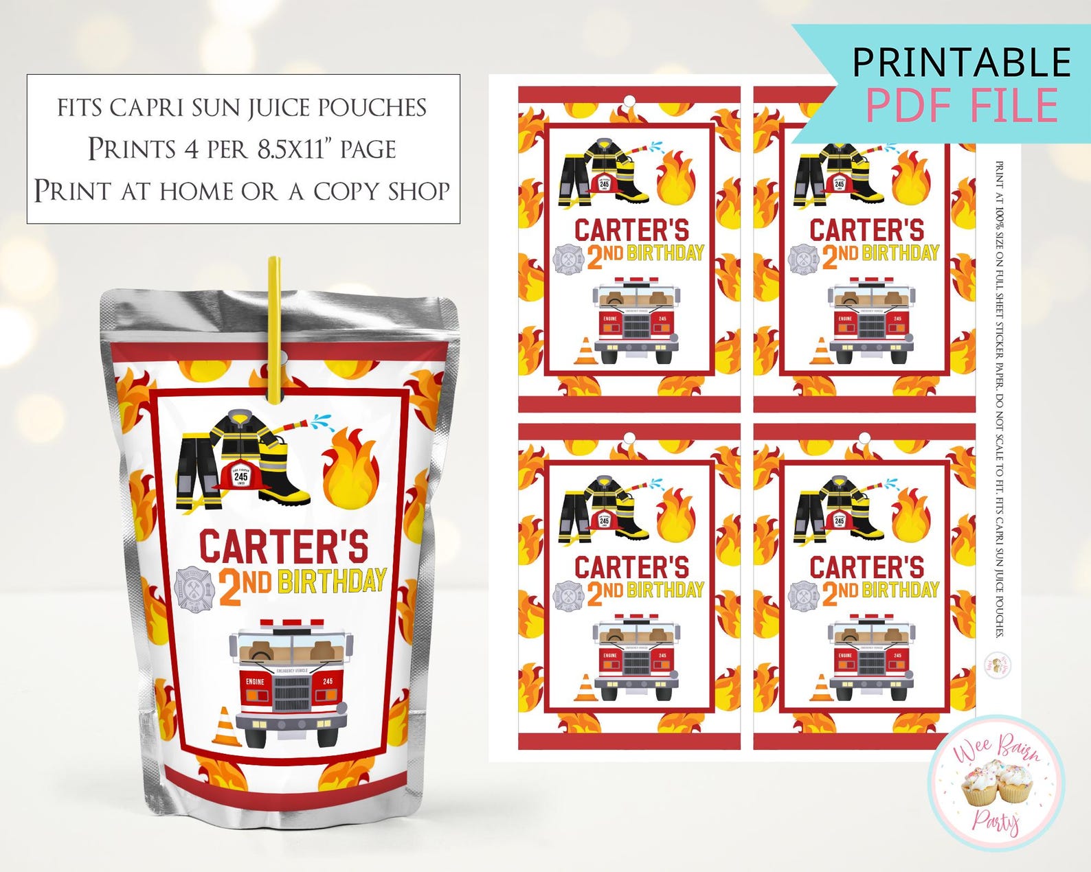 Firefighter Birthday Juice Pouch Label, Firetruck Birthday Printable ...