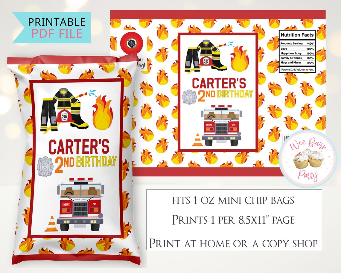 Firefighter Birthday Custom Chip Bags Printable Firetruck - Etsy