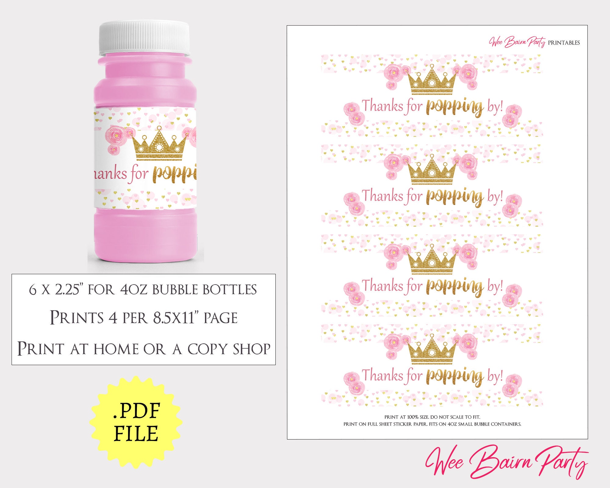 Pink and Gold Princess Birthday Party Bubble Labels Printable - Etsy