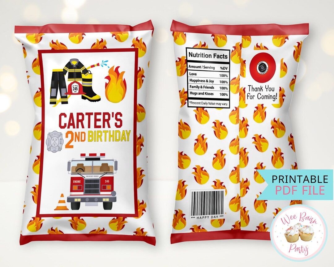 Firefighter Birthday Custom Chip Bags Printable Firetruck - Etsy