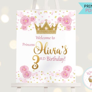 Printable Princess Birthday Party Welome Sign, Pink and Gold Princess ...