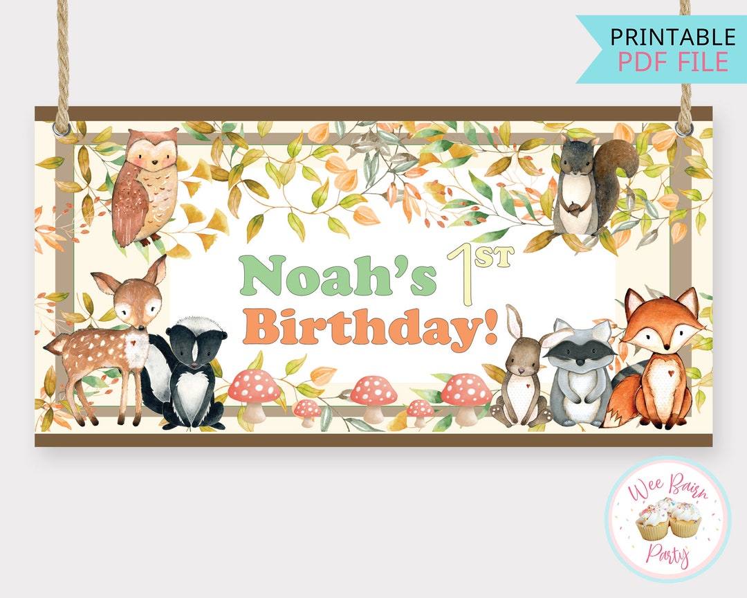 Woodland Creatures Birthday Banner, Woodland Animals 1st Birthday Party ...