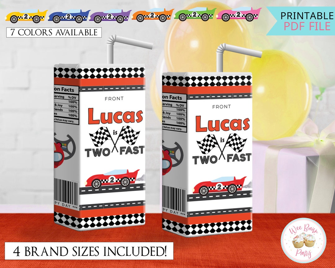 Race Car Birthday Juice Box Sticker, Two Fast Birthday Party Juice ...