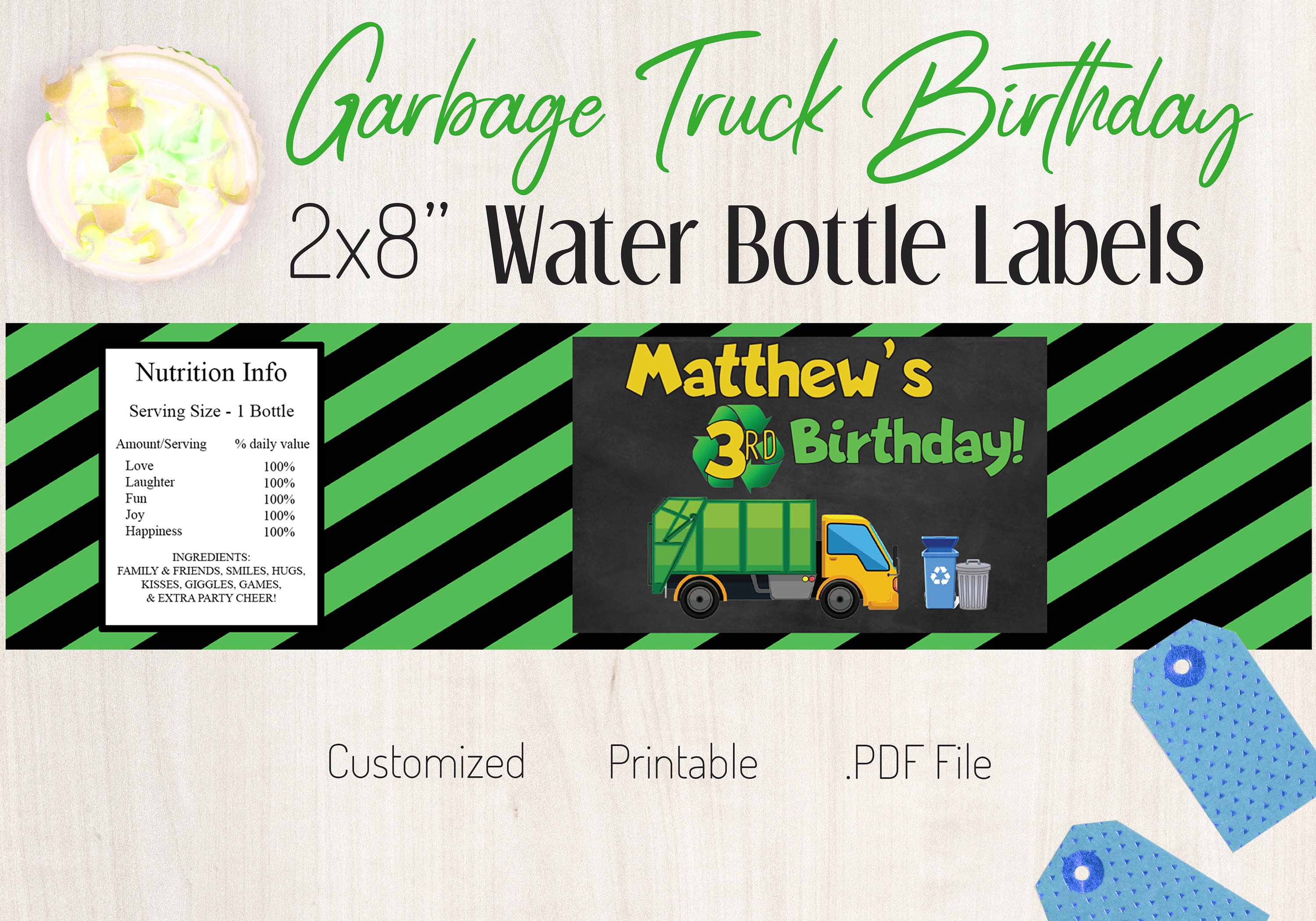 Garbage Truck Birthday Party Water Bottle Labels Trash Truck | Etsy