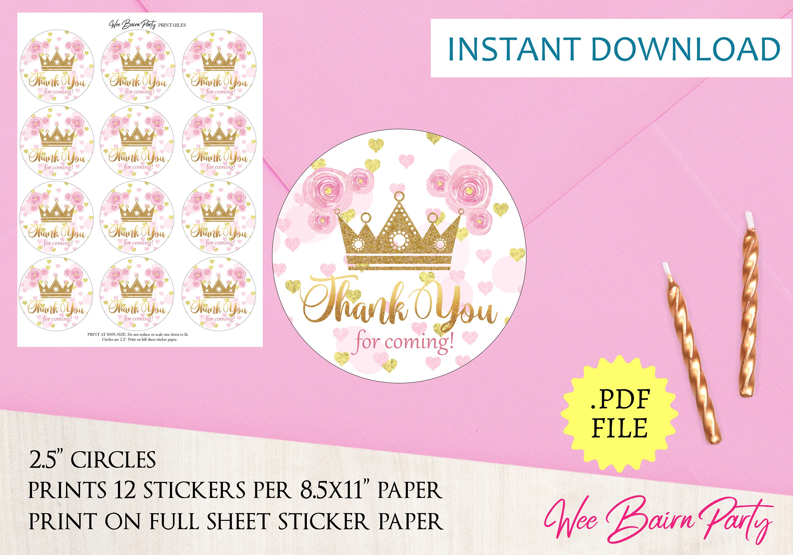 Pink Princess Printable Thank You Stickers for Favors | Etsy