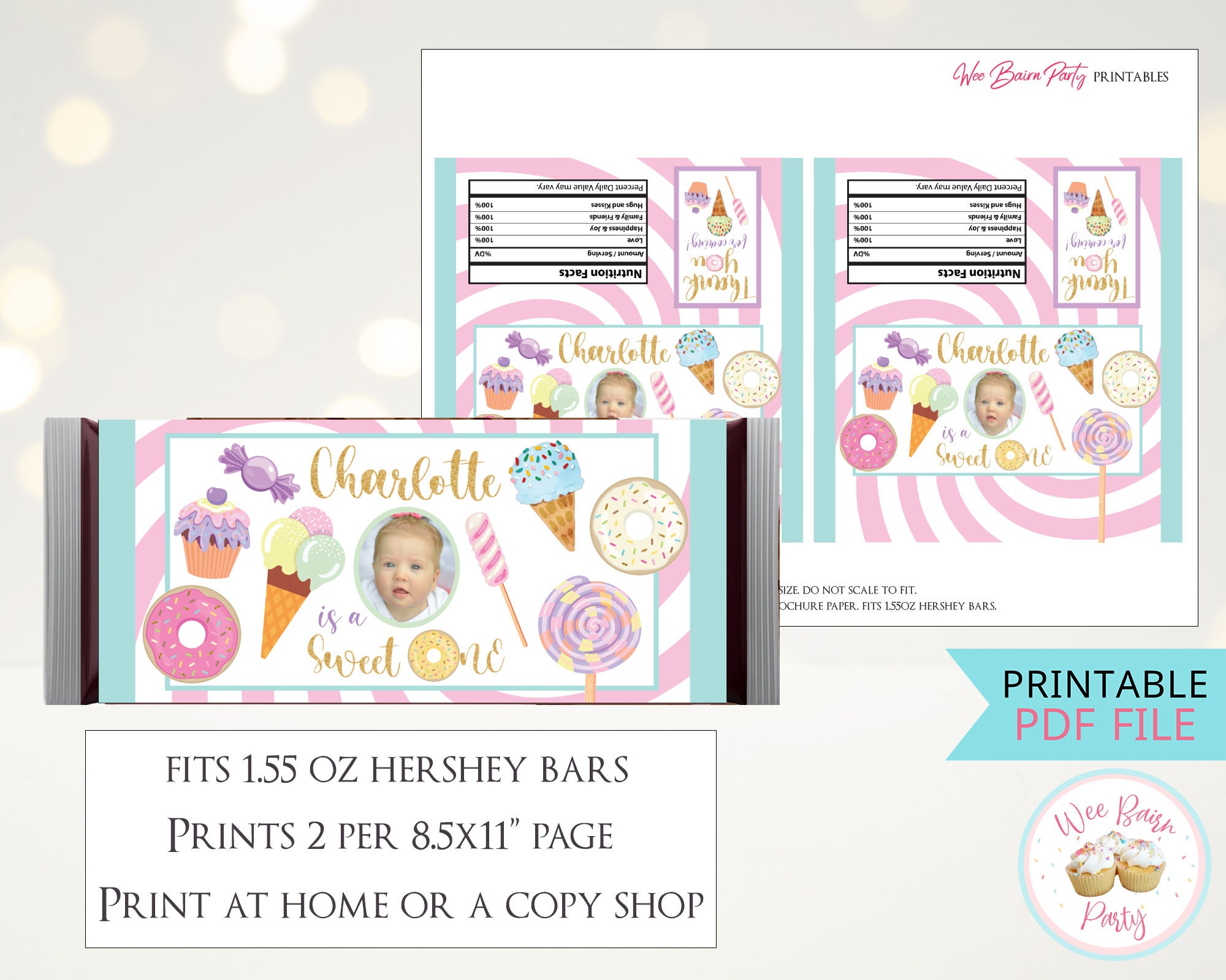 Sweet One Birthday Candy Bar Wrappers Baby 1st Birthday Girl - Etsy