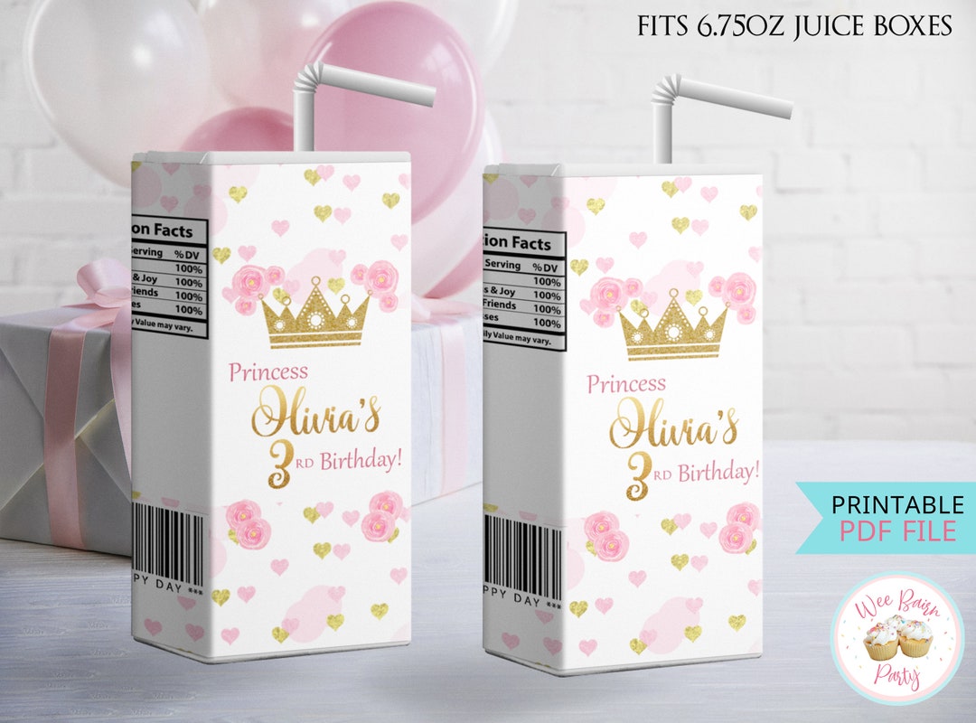 Pink Princess Birthday Juice Box Sticker Princess Party Juice Labels ...