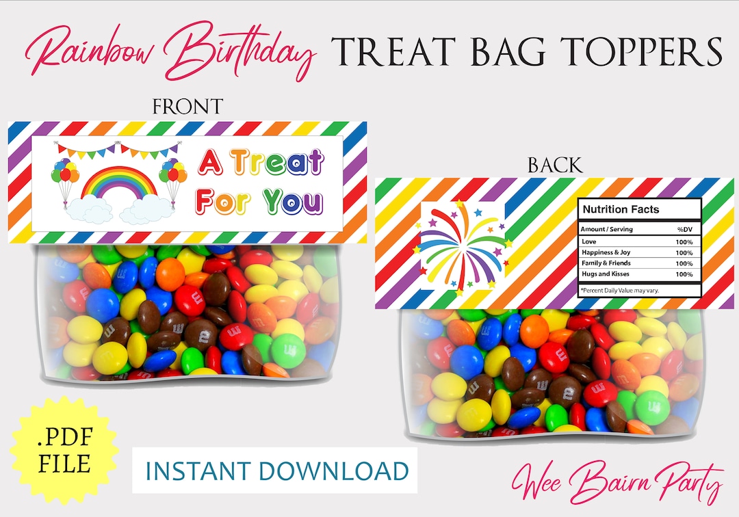 Rainbow Balloons Treat Bag Topper, Rainbow Stripe Colorful Birthday ...