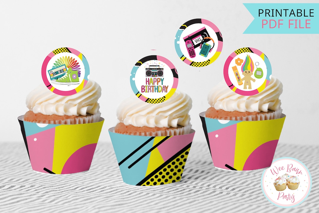 90s Cupcake Toppers & Cupcake Wrappers, Back to the 90s Theme Party ...