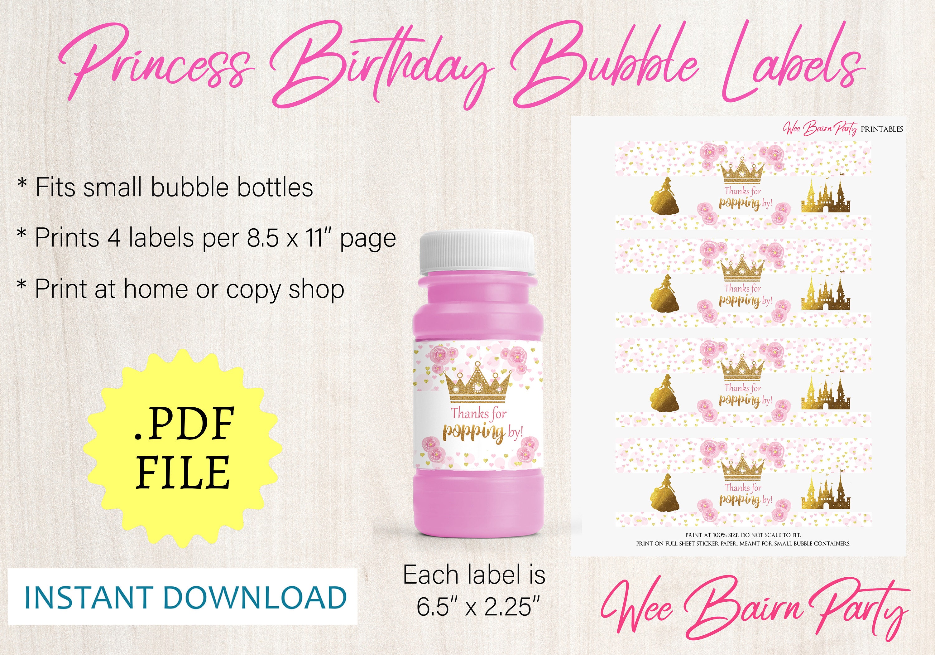 Pink and Gold Princess Birthday Party Bubble Labels Printable | Etsy