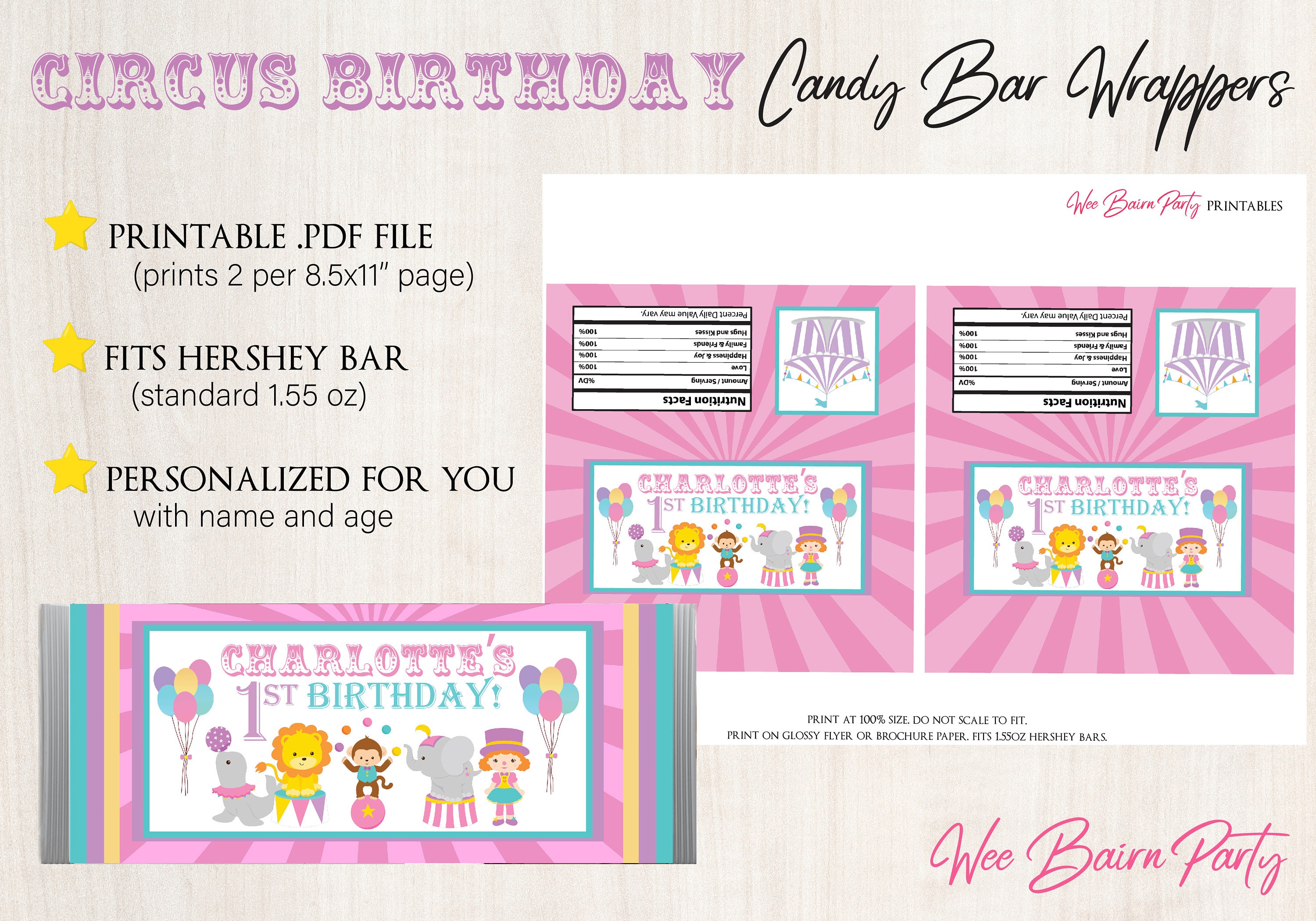 Pink Circus Party Candy Bar Wrappers Circus Themed Party | Etsy