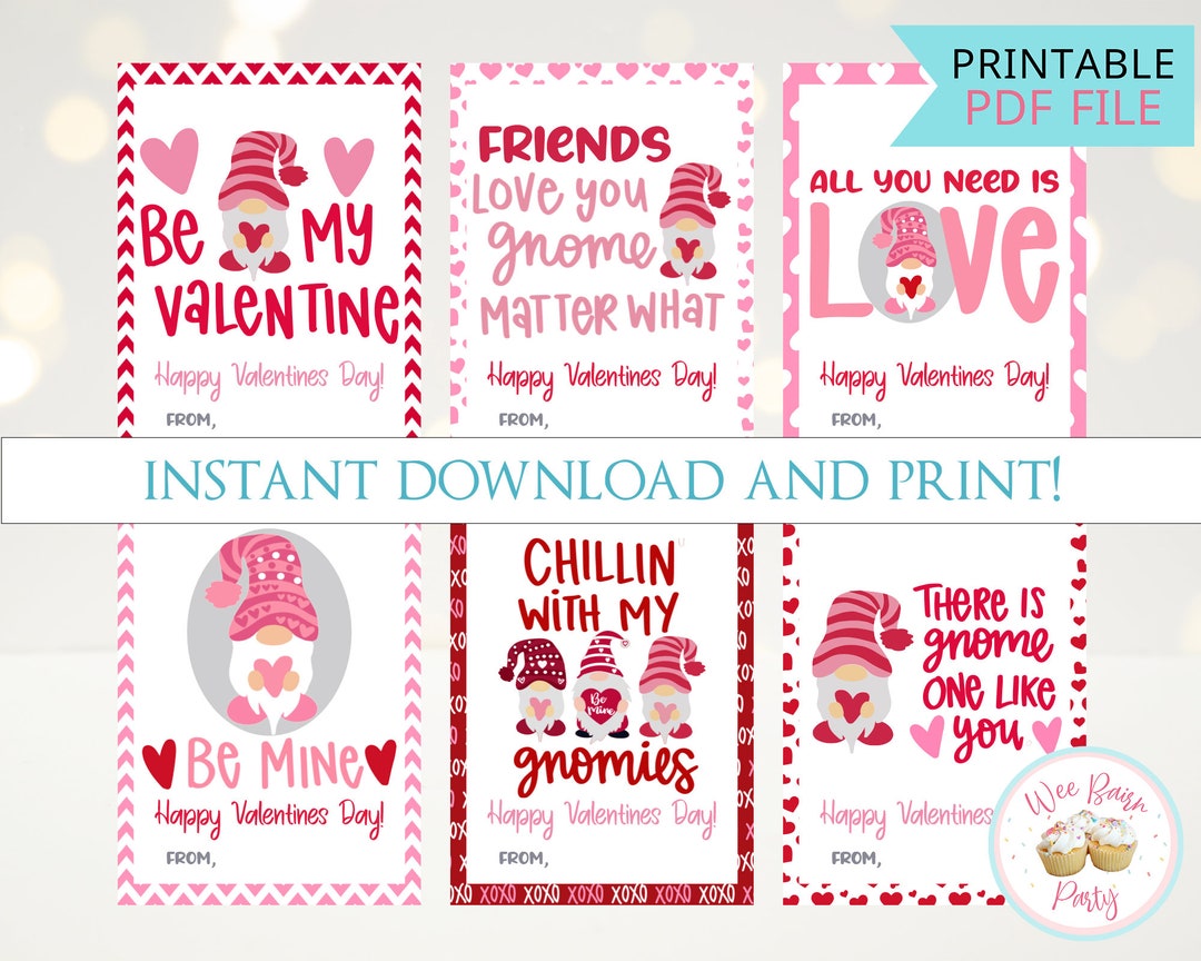 Printable Gnome Valentine Cards Set of 6, Classroom Valentine Gnome ...