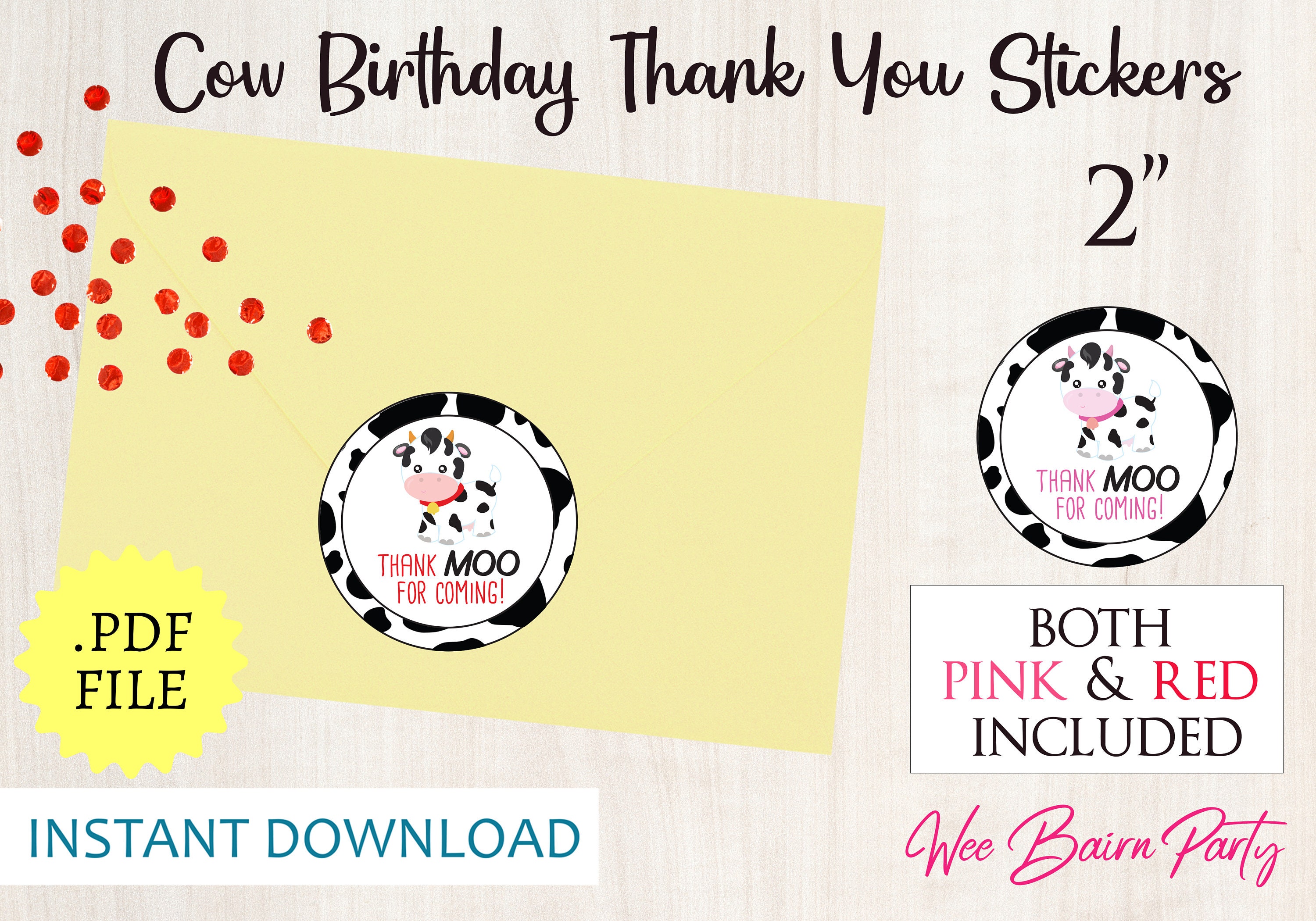 Cow Birthday Party Printable Thank You Stickers Cow Print | Etsy