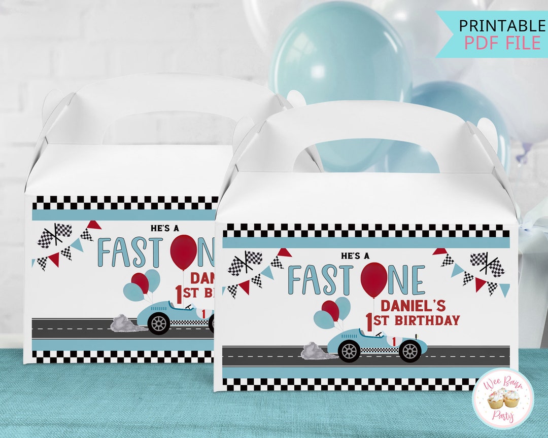 Fast One Birthday Gable Box Label, Race Car Birthday Party Favor Box ...