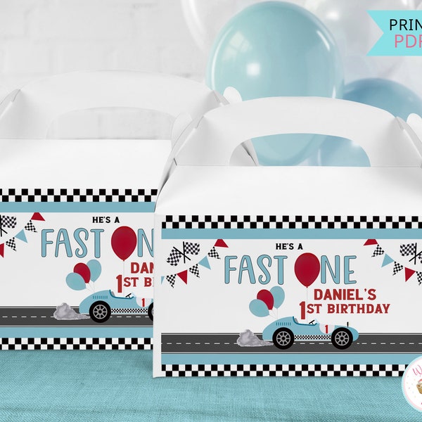 Fast one birthday gable box label, race car birthday party - Etsy Nederland