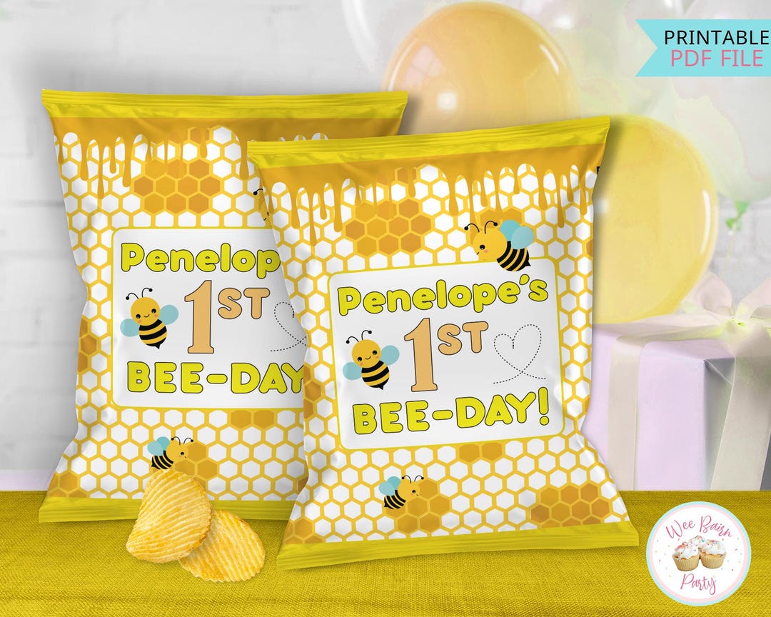 Bee Birthday Party Custom Chip Bags, Bumble Bee 1st Birthday Printable ...